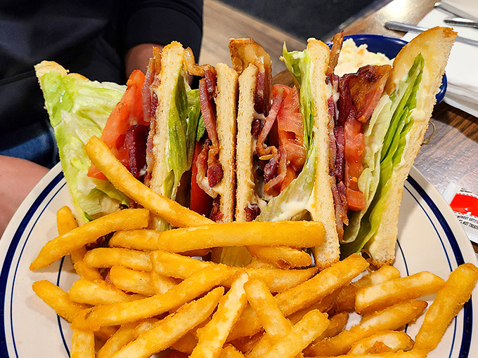 The club sandwich: three perfectly toasted bread slices housing a skyscraper of fillings. An architectural marvel that somehow fits in your mouth.