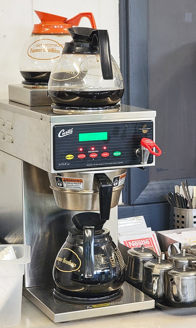 Coffee station standing ready for duty&mdash;the unsung hero powering Mogadore through Monday mornings and midday slumps alike. 