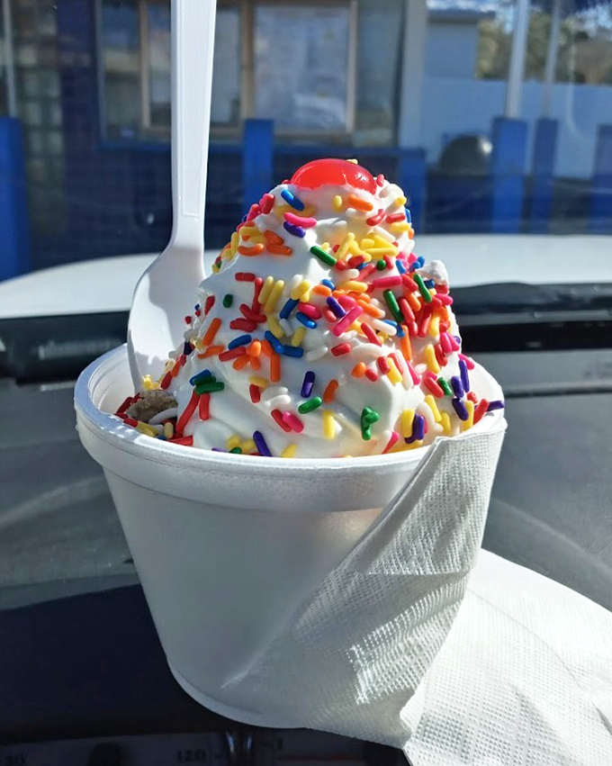 A mountain of vanilla crowned with rainbow sprinkles and the obligatory cherry. Some traditions don't need improving, just enjoying.
