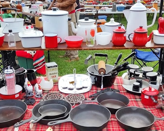 Cast iron heaven! These perfectly seasoned pans and vintage enamelware would make any home cook swoon, each one seasoned with decades of family meals and memories.