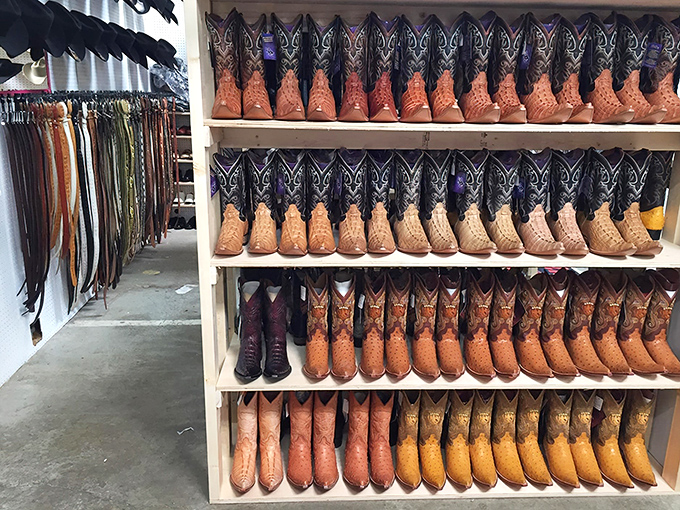 Boot heaven! These perfectly aligned rows of western footwear stand at attention like a leather army, ready to march onto the feet of Ohio cowboys.