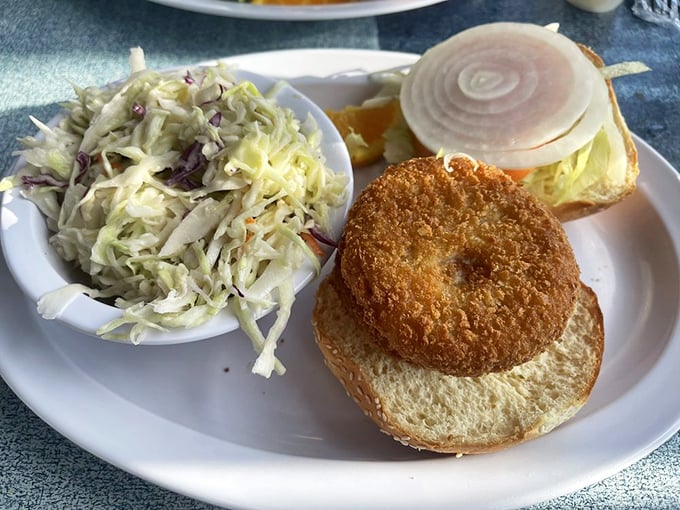 A proper crab cake sandwich that's actually about the crab&mdash;not the filler&mdash;paired with slaw that knows its supporting role perfectly.