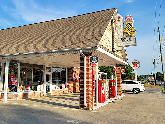 The Creme Hut's vintage gas pumps and ice cream sign promise the perfect small-town double feature: fuel for your car and your sweet tooth.