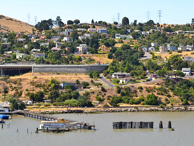 Houses cling to Crockett's hillsides like colorful barnacles, offering residents million-dollar views of the strait that larger cities would monetize beyond reach.