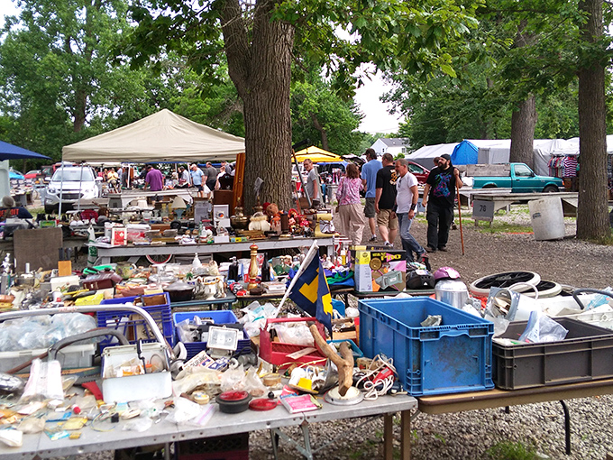 The ultimate treasure hunt in progress! Browsers scan tables of potential finds under a canopy of trees and possibility.