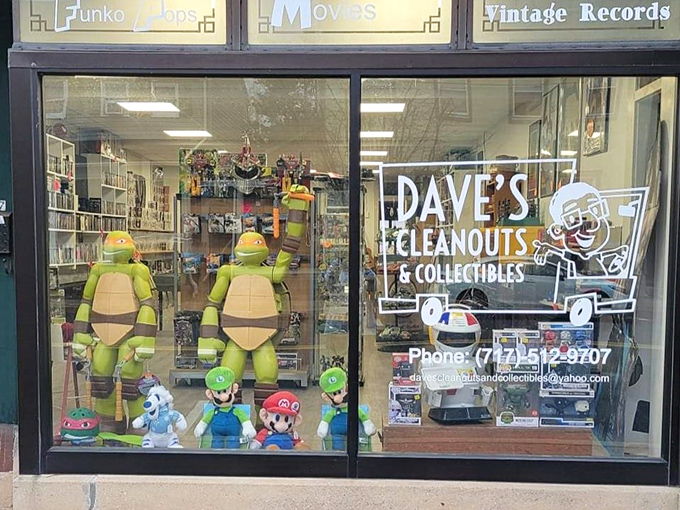 Dave's Toybox window display proves that in Mount Joy, nostalgia comes in all forms&mdash;including life-sized Ninja Turtles guarding vintage treasures.