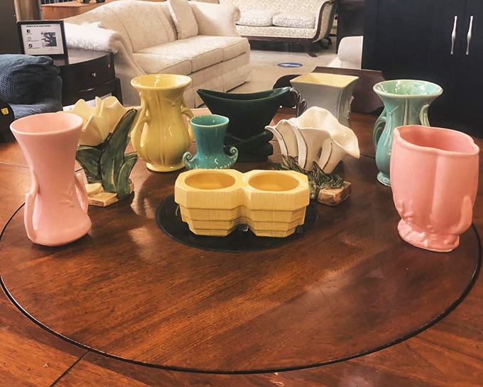 Mid-century pottery in ice cream colors that would make Don Draper's decorator swoon. Instant charm for any bookshelf or windowsill.