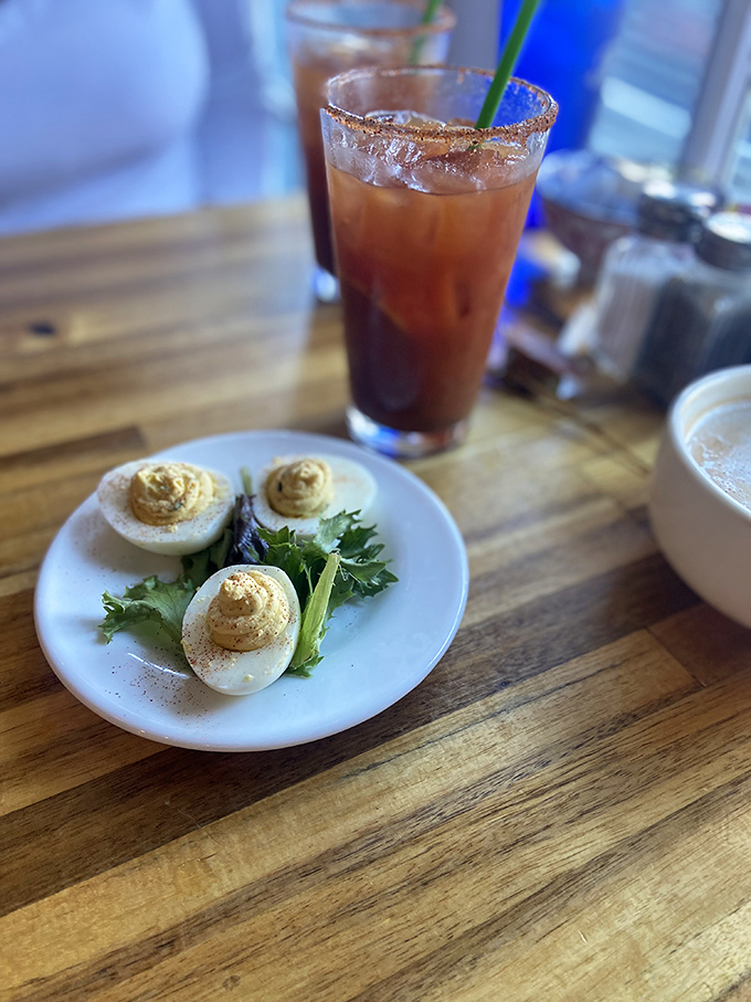 Deviled eggs dressed for success, proving that breakfast foods don't have to follow conventional timelines.