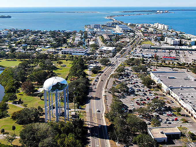Dunedin's aerial view reveals its perfect positioning between green spaces and Gulf waters. That water tower stands like a sentinel watching over a town that mastered the art of coastal living.