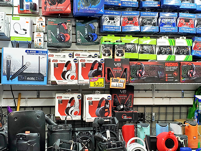 Electronic gadgets in their natural habitat &ndash; boxed, stacked, and waiting to solve problems you didn't know you had.