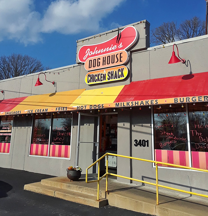 The yellow handrail leads to a promised land of hot dogs and fried chicken &ndash; a pilgrimage site for comfort food devotees.