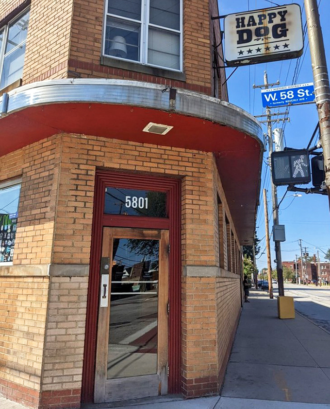 The entrance to Happy Dog—like the doorway to Narnia, but instead of a magical wardrobe, it's a portal to hot dog nirvana.