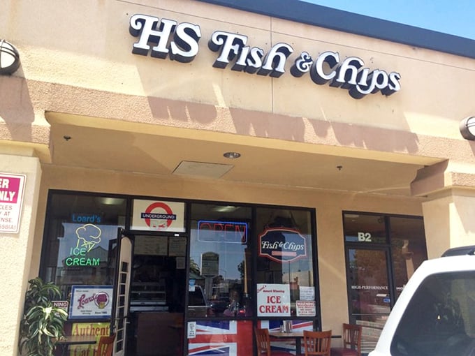 British pride shines bright on this California storefront. The London Underground logo and Union Jack hints at the authentic experience within.