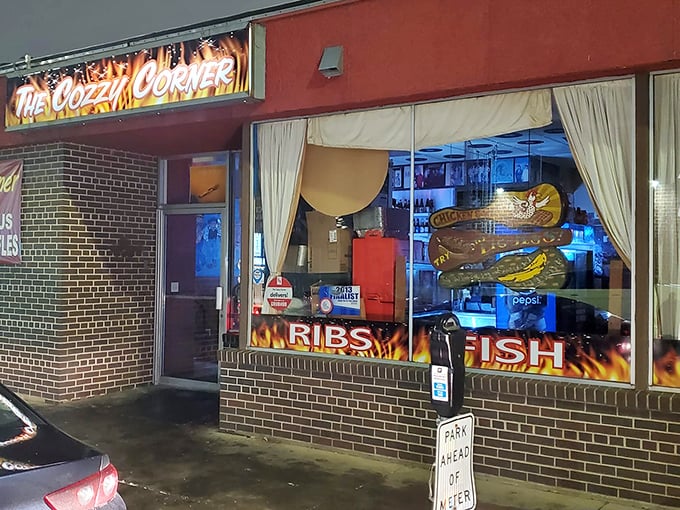 By night, the glowing sign becomes a beacon for hungry souls seeking southern comfort in Wisconsin. Follow the neon, find the flavor.