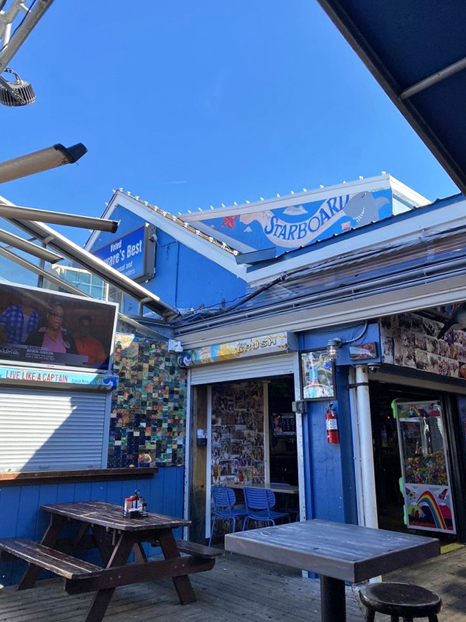 The blue-painted entrance with its weathered wood and photo collage serves as a portal between ordinary life and the parallel universe of Starboard good times. 