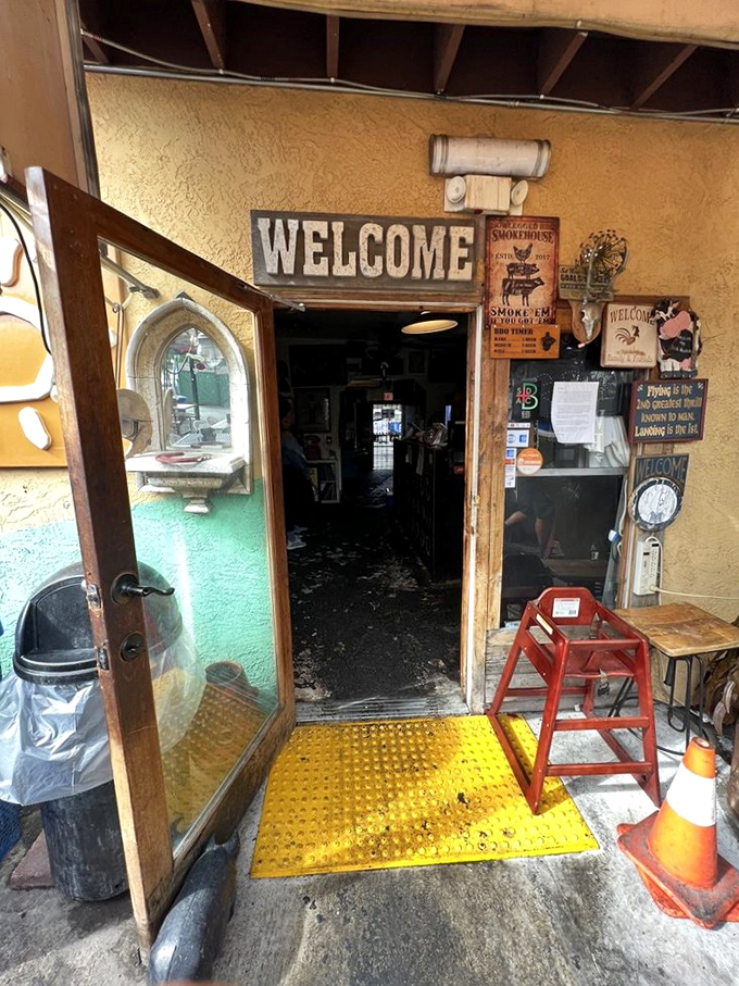 The "Welcome" sign isn't just polite&mdash;it's a promise that you're about to join a community that understands the sacred relationship between smoke and meat. 
