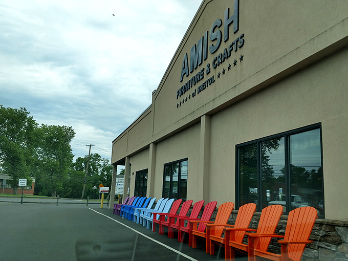 Colorful chairs lined up like a welcoming committee for your next great food adventure.