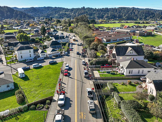 From above, Ferndale reveals itself as a perfect grid of Victorian charm nestled between rolling hills and pastoral landscapes.