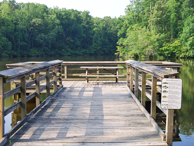 Angler's paradise: this fishing pier extends like a welcoming hand into the lake, offering the perfect perch for those seeking both fish and tranquility.