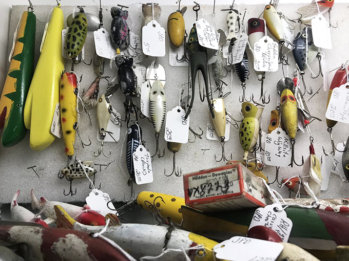 Vintage fishing lures that have likely heard more "big fish" stories than a northwoods tavern on Friday night. Each hook holds tales of Wisconsin lakes.