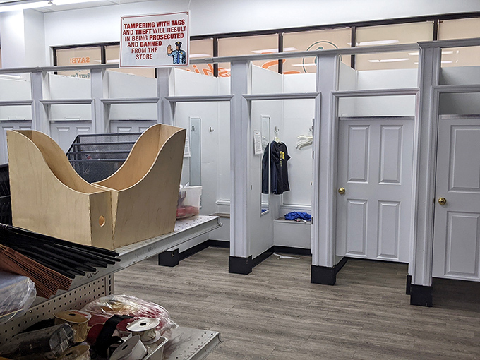 Even the fitting rooms have character—practical, private spaces to discover if that vintage jacket is truly your destiny or just a passing fancy.