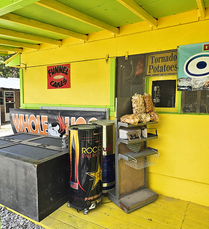 The universal language of fair food speaks loudly from this sunshine-yellow stand. Funnel cakes and tornado potatoes &ndash; diet starts tomorrow!