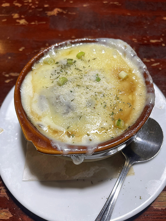 French onion soup with a cheese pull that deserves its own slow-motion sequence in a food documentary.