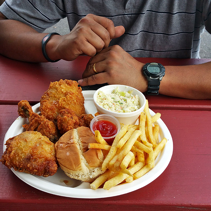 The complete Red Rabbit experience &ndash; fried chicken, creamy coleslaw, and those legendary fries. A plate that proves happiness is still served at picnic tables.