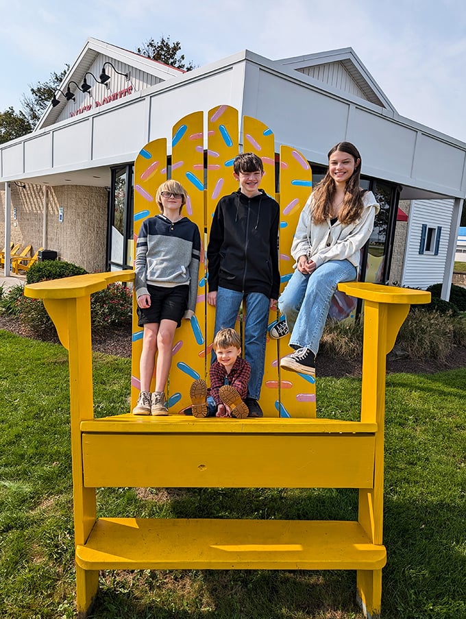 The giant yellow Adirondack chair outside&mdash;because regular-sized furniture can't contain this much family fun.