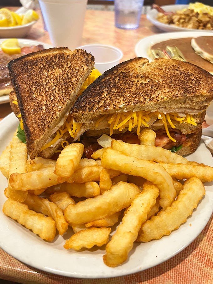 This sandwich isn't just lunch &ndash; it's architecture, engineering, and art stacked between perfectly grilled bread, with fries standing guard like crispy sentinels.