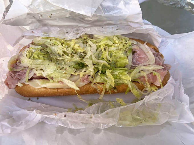 This ham hoagie demonstrates the Philly philosophy that vegetables are merely sandwich accessories to the main event: generously piled meat.