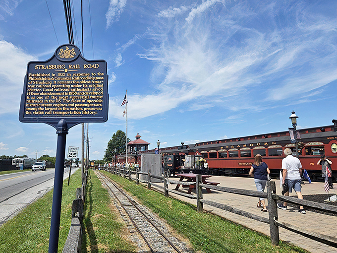 This historical marker tells the Strasburg Rail Road's story, but the real history is still chugging along right behind it.