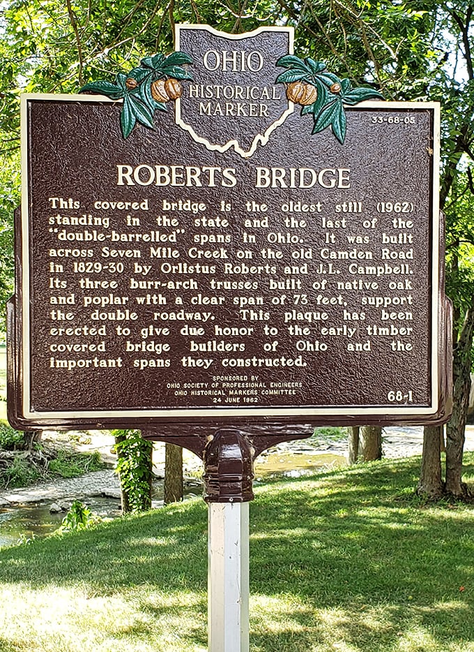 History stands still on this marker, telling the tale of Ohio's oldest covered bridge&mdash;a double-barreled span that's outlasted generations of travelers.