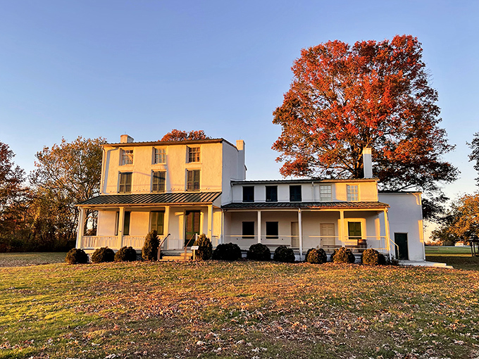 The historic Hollingsworth House glows golden in the evening light, a reminder that Elkton's charm is built on layers of history and preservation.