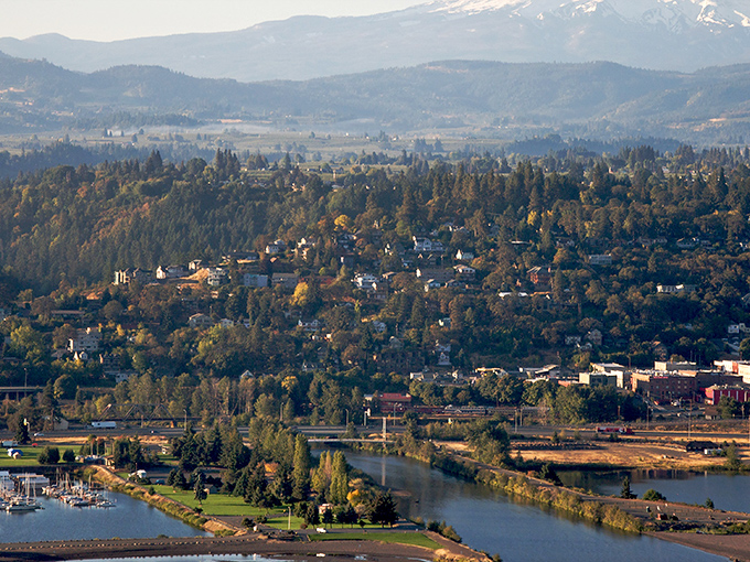 From above, Hood River looks like someone carefully arranged the perfect small town, then added mountains for drama.