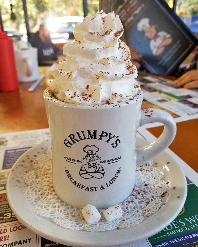 Hot chocolate that's dressed for success&mdash;whipped cream mountain, dusting of cocoa, and those tiny marshmallow islands make this mug pure comfort in liquid form.
