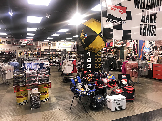 Even the gift shop celebrates speed with racing memorabilia organized with the same precision as a championship pit crew during a crucial stop.