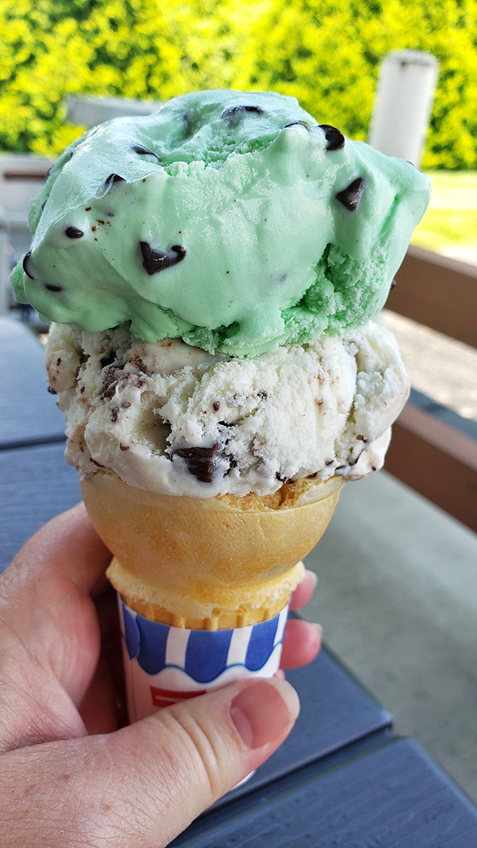 Mint chocolate chip perched atop cookie chunks&mdash;proof that dessert shouldn't be complicated to be spectacular. Summer in Ohio, perfectly captured.