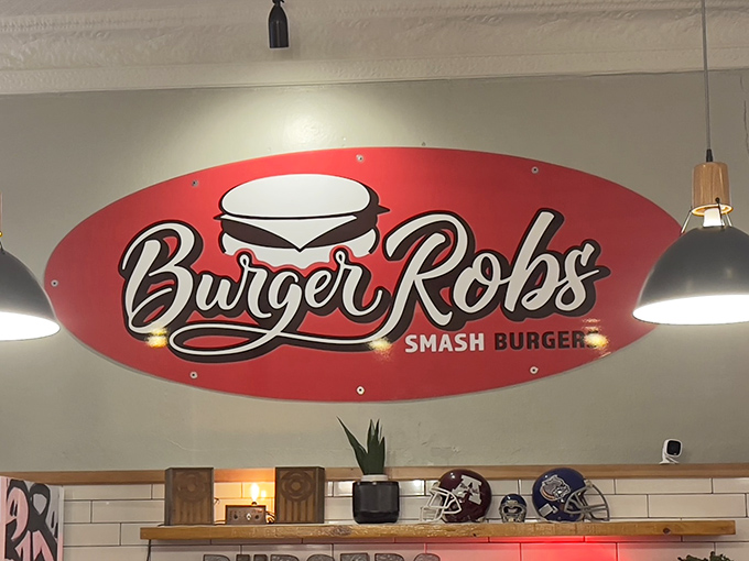 The BurgerRobs sign glows like a North Star for the hungry, guiding travelers to smash burger nirvana.