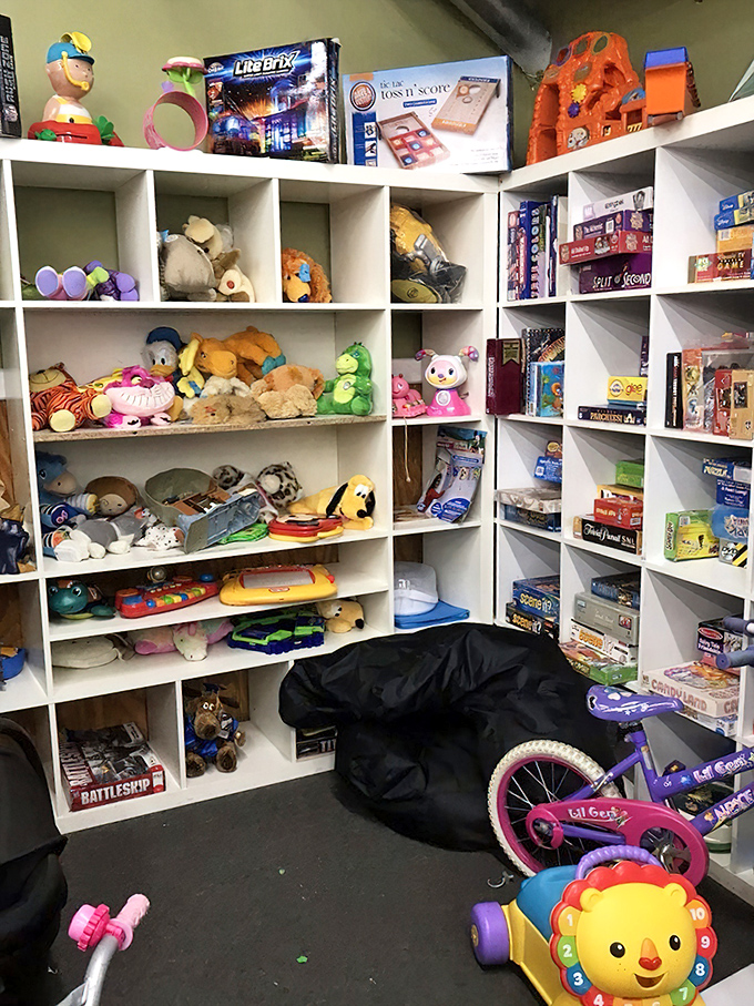 Toy corner paradise where childhood memories are recycled for a new generation. That Fisher-Price lion hasn't lost his smile in 30 years.