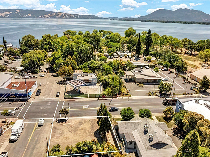 From above, Lakeport reveals its perfect positioning between mountains and water, like a town that won the geographic lottery and knows it.