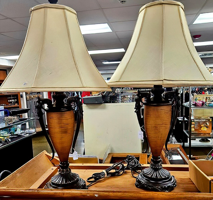 Elegant lamp twins awaiting adoption to a loving living room. Their sophisticated silhouettes would cost a fortune new, but here they're priced like a happy hour special.