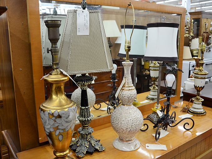 Lamp brigade standing ready to illuminate your bargain-hunting victory. That gold-based beauty would cost ten times more in an antique shop.