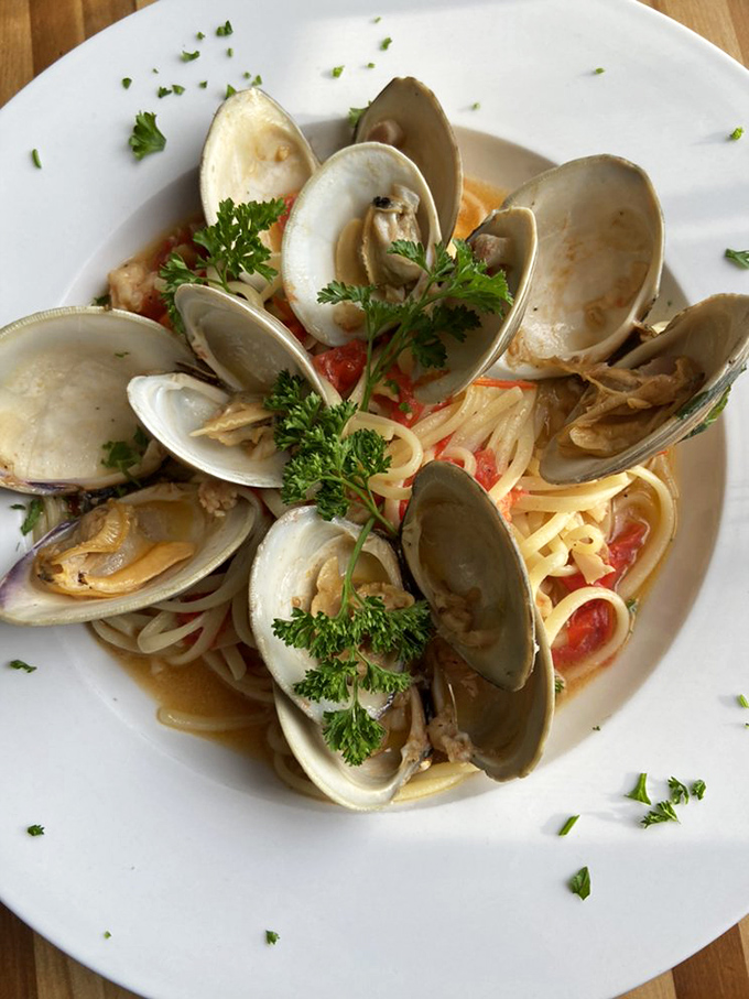 The shellfish jackpot! These linguine vongole clams have opened up to reveal their secrets in a broth worth drinking straight from the bowl.