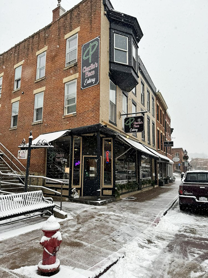 Charlie's Place stands ready for customers even in snowfall &ndash; because comfort food tastes better when there's a legitimate reason to indulge.
