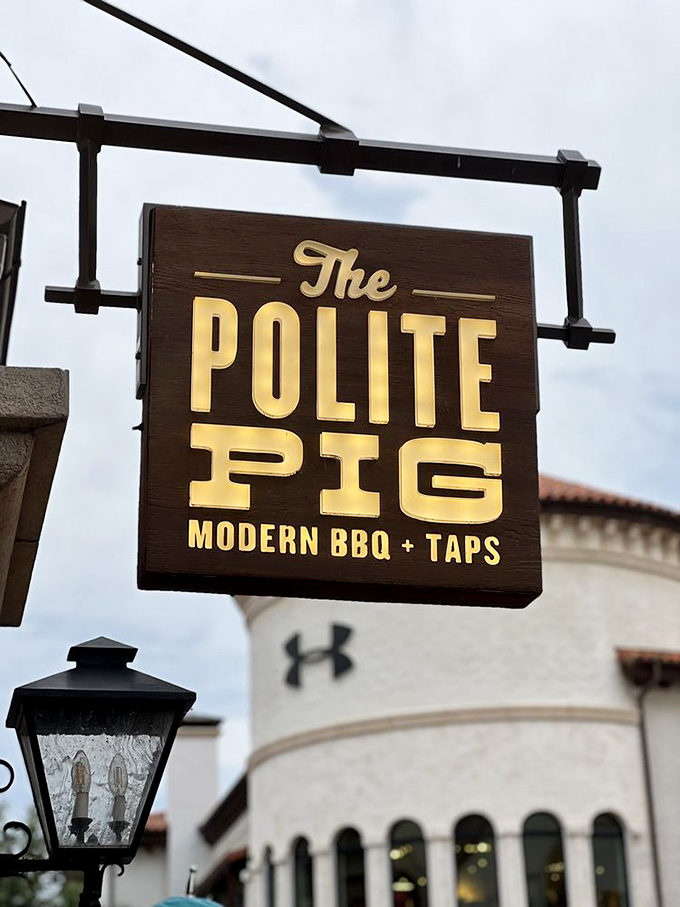 The wooden sign that beckons barbecue pilgrims. "Modern BBQ + Taps" might be the most beautiful four-word poem in the English language.