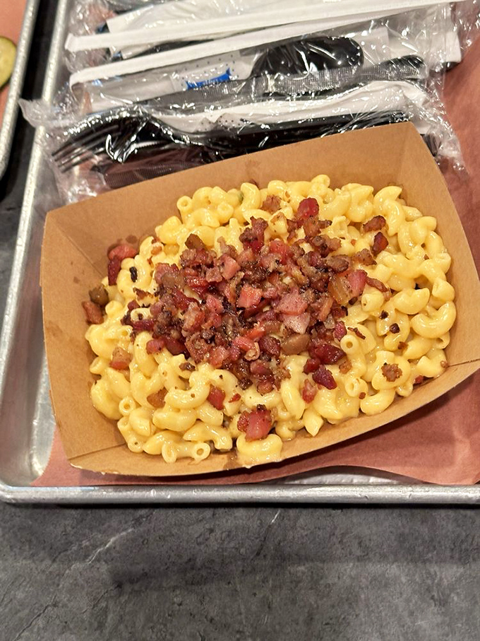 Mac and cheese with bacon bits&mdash;because sometimes perfection can actually be improved upon. Comfort food that hugs your soul from the inside.