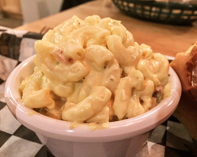 Another angle of mac and cheese so good it deserved an encore. The pasta curves cradle the cheese sauce like they were made for each other.