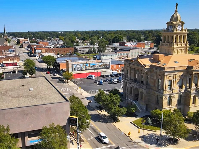 From above, Marion reveals itself as a perfect blend of historic architecture and small-town grid planning. The popcorn capital looks good from any angle.