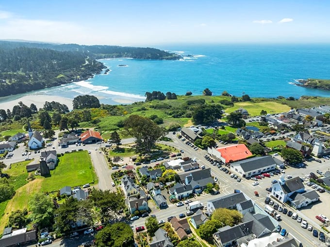 From above, Mendocino reveals its perfect positioning&mdash;a village that found the sweet spot between forest and sea, refusing to choose between the two.